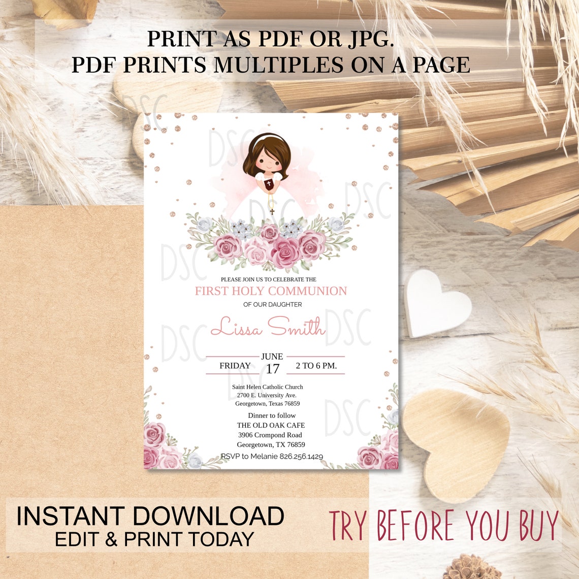 EDITABLE First Holy Communion Invitation, Blush Pink Floral Religious ...