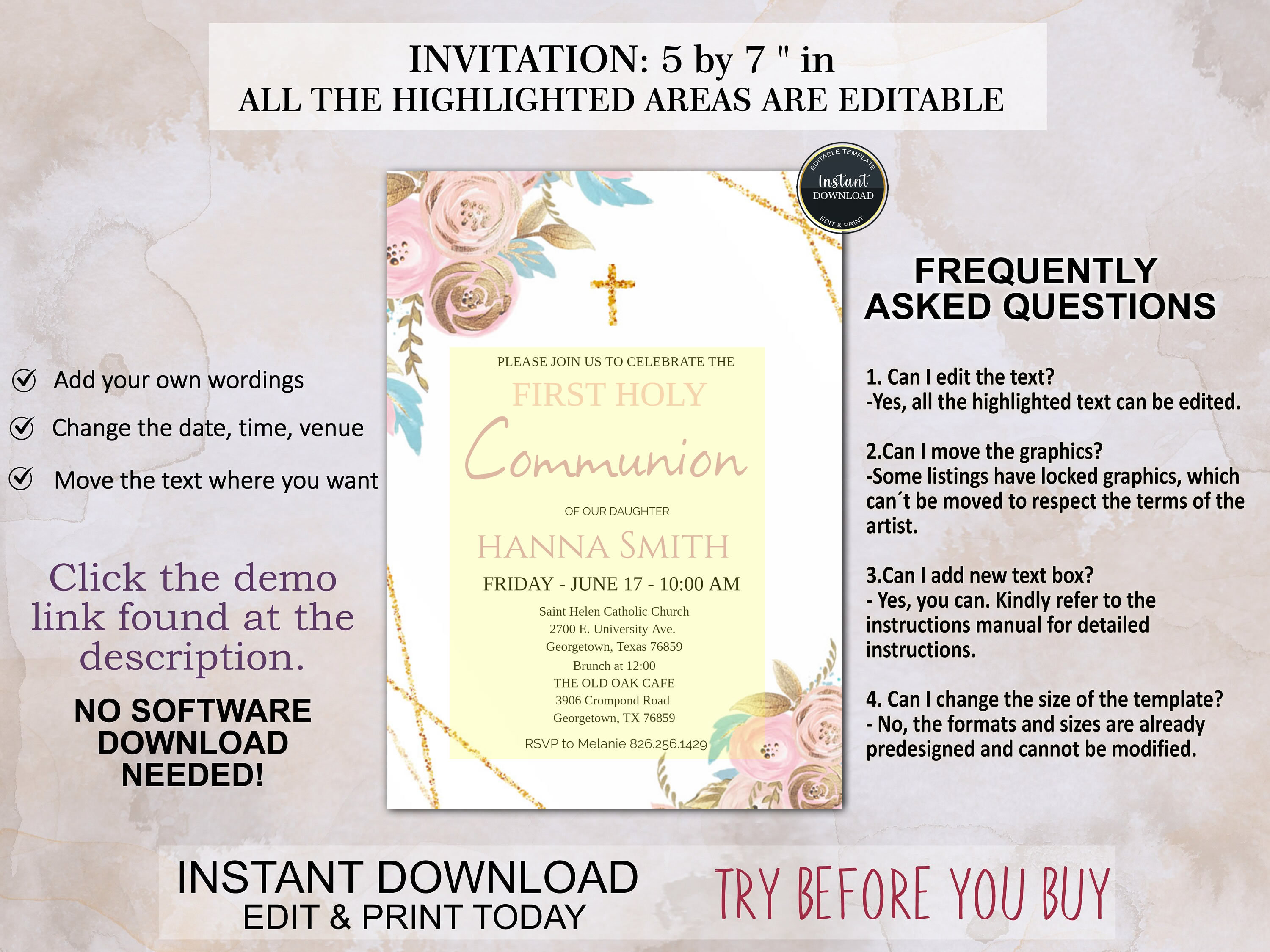 Pink First Holy Communion Invitation Template, Pink Watercolor ...