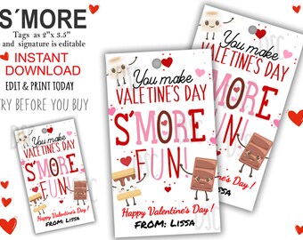 Printable You Make Valentine's Day S'more Fun Gift Tag, School ...