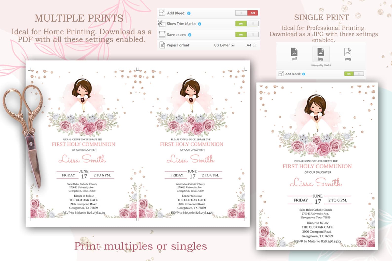 EDITABLE First Holy Communion Invitation, Blush Pink Floral Religious ...