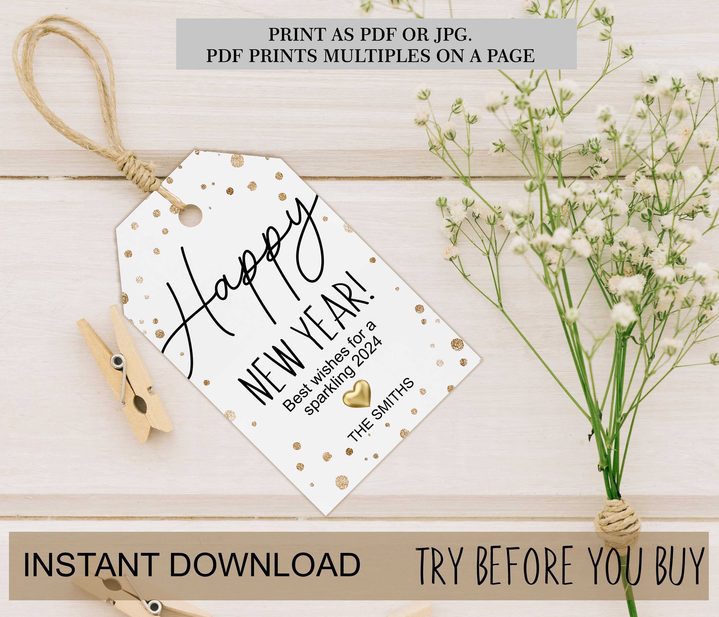 New Year's Eve Gift Tag Template, Printable Gold Confetti NYE Favor ...