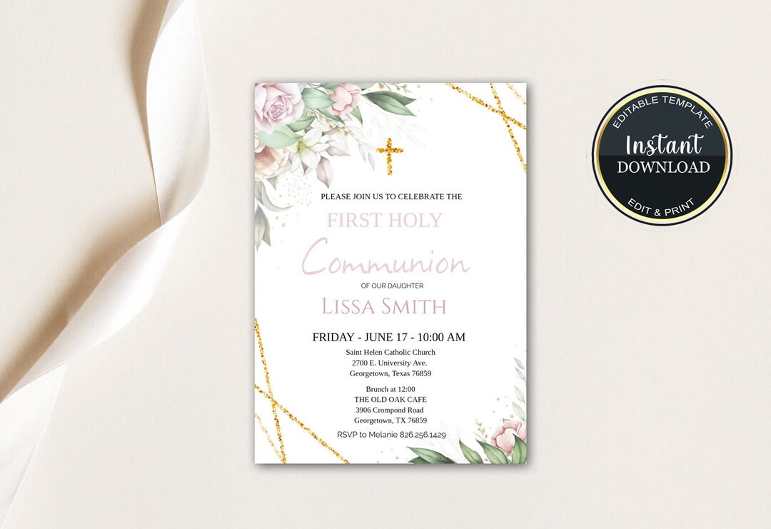 Pink First Holy Communion Invitation Template, Pink Watercolor ...