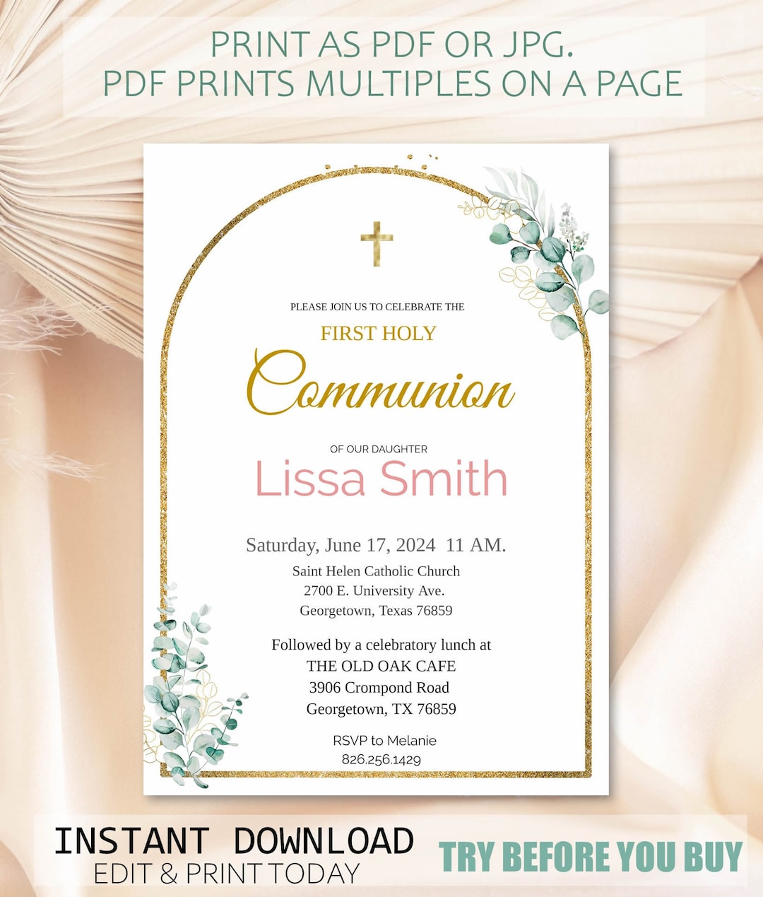 First Holy Communion Invitation Template, Greenery Arch, 5x7, Editable ...