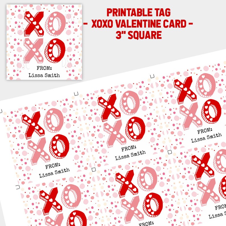 Printable XOXO Valentine Card, Tag, Label Classroom Valentine's Day Tag ...