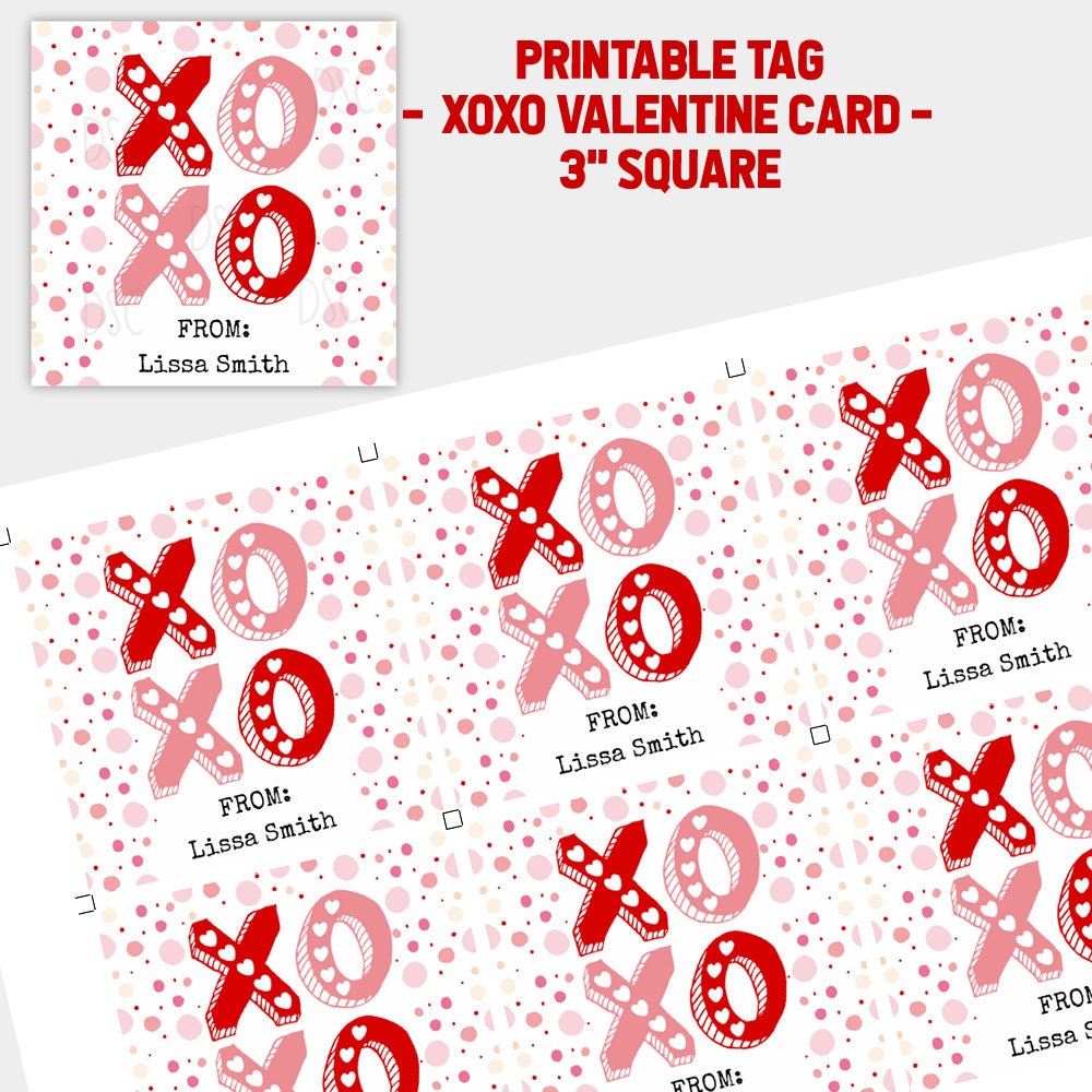 Printable XOXO Valentine Card, tag, label Classroom Valentine's Day Tag ...