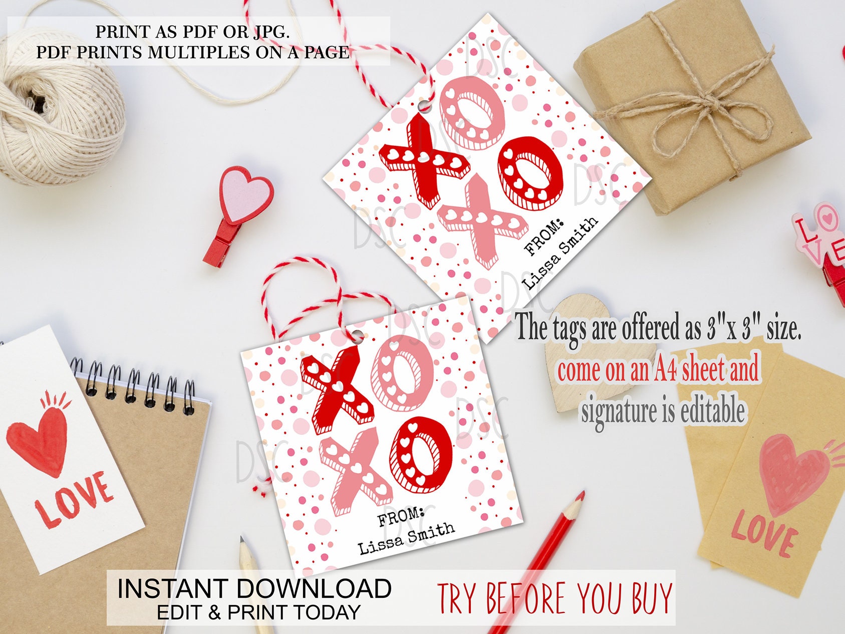 Printable XOXO Valentine Card, tag, label Classroom Valentine's Day Tag ...