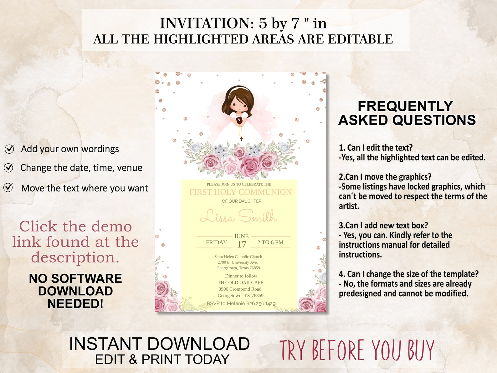 EDITABLE First Holy Communion Invitation, Blush Pink Floral Religious ...