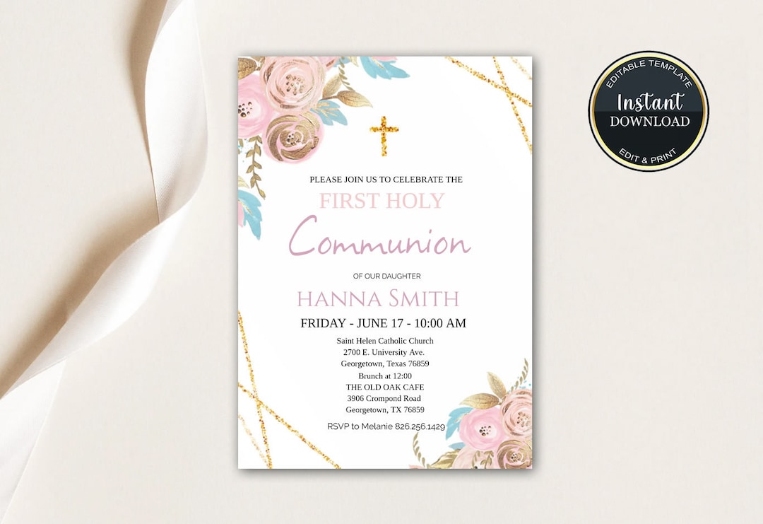 Pink First Holy Communion Invitation Template, Pink Watercolor ...