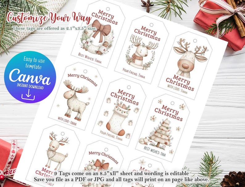 Christmas Gift Tag Printable | Merry Christmas Reindeer Tag | Neutral ...