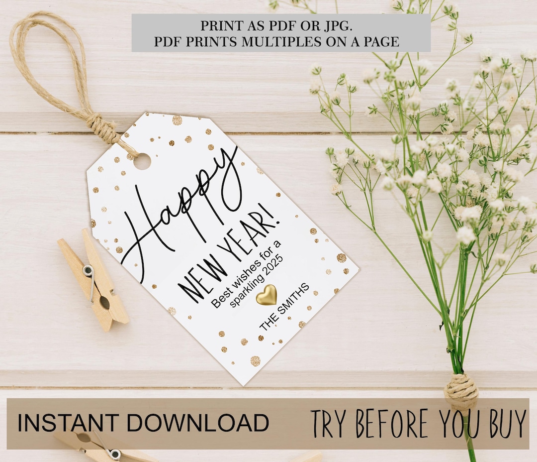 New Year's Eve Gift Tag Template, Printable Gold Confetti NYE Favor ...