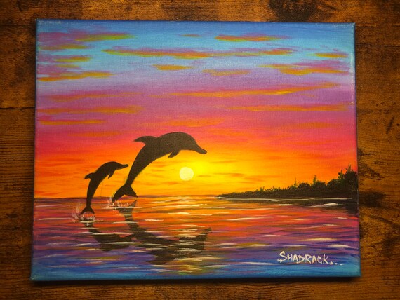 Delfine Sonnenuntergang Drei Springende Delfine Bei Sonnenuntergang