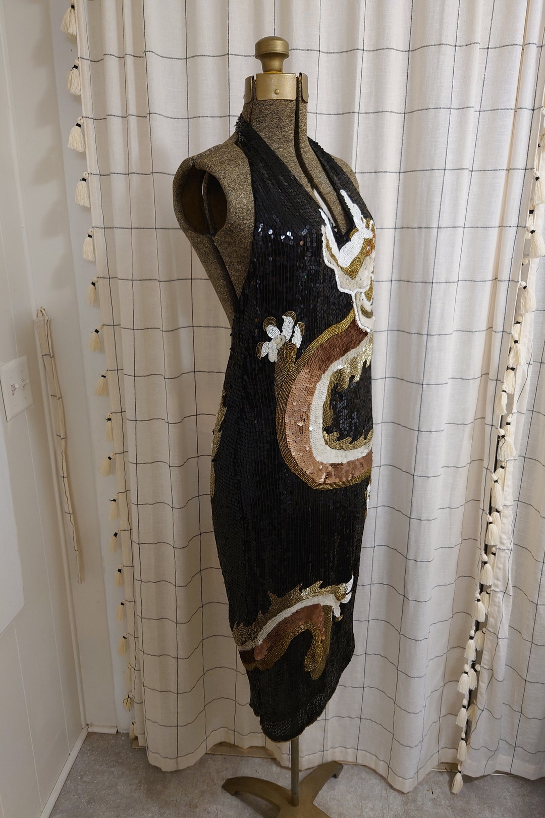 Vintage Sequin Dragon Halter Dress W/ Slit - Etsy