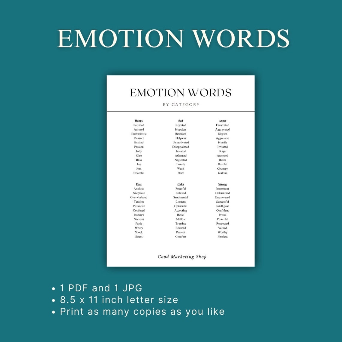Emotion Words Printable, Therapy Worksheets | Therapy Tools for Mental ...