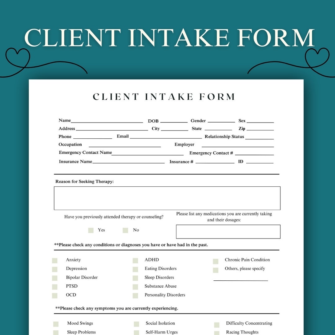 Client Intake Form Printable & Fillable PDF | Therapy Worksheets ...