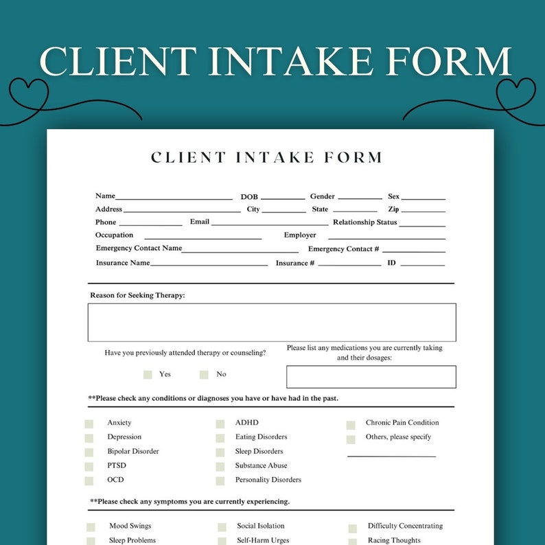 Client Intake Form Printable & Fillable PDF Therapy Worksheets ...