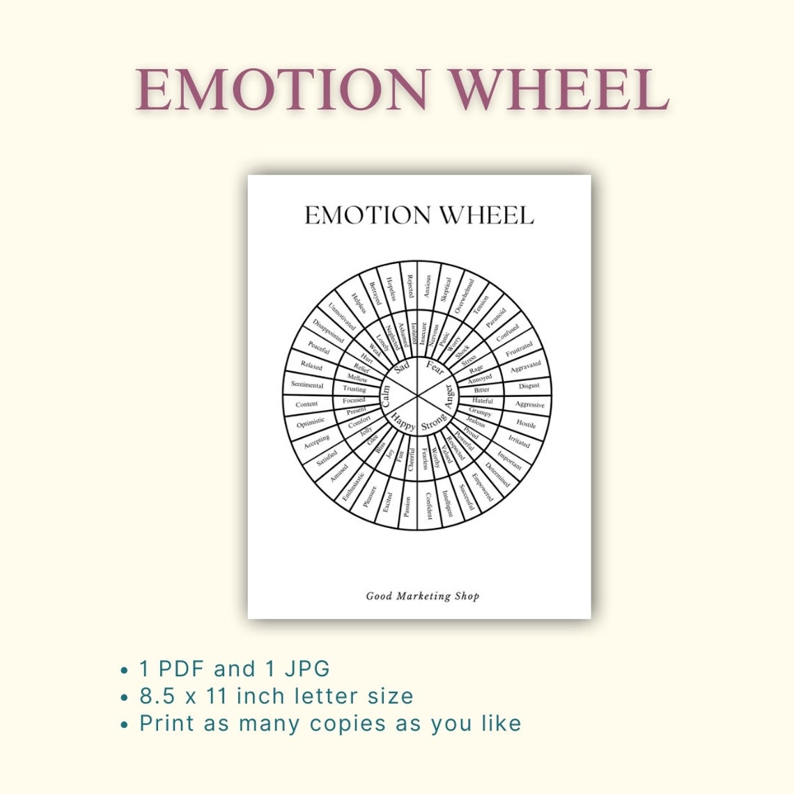 Therapy Emotion Wheel Printable PDF | Self Care Feelings Wheel | Mental ...