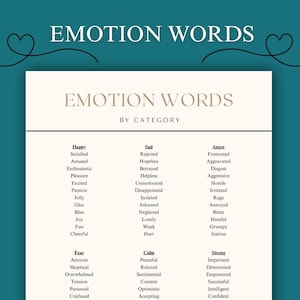 Emotion Words List: Therapy Worksheets for Mental Health (PDF & JPG) - Etsy