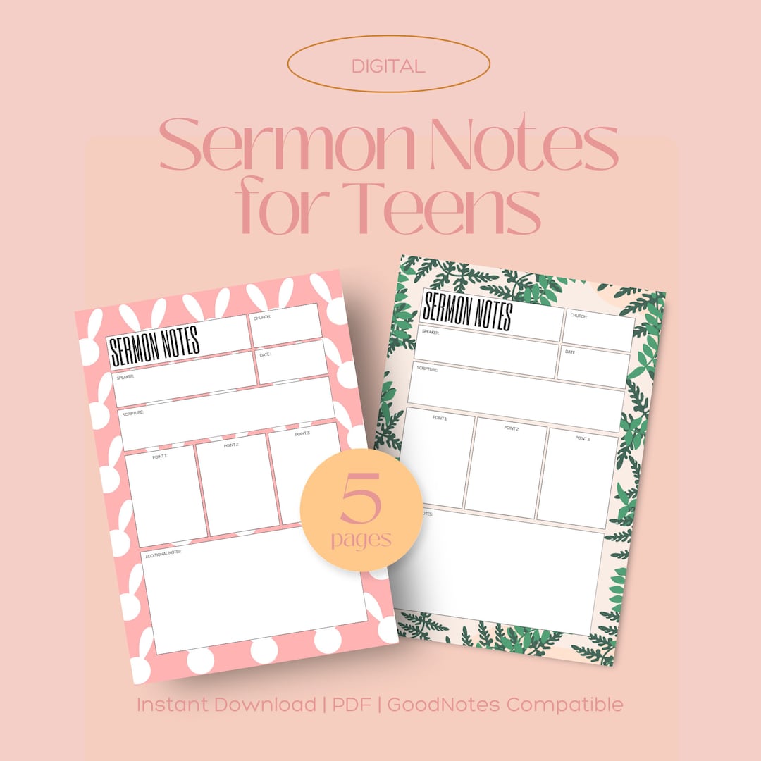 Sermon Notes for Teens, Church Notes Printable PDF Template, Bible ...