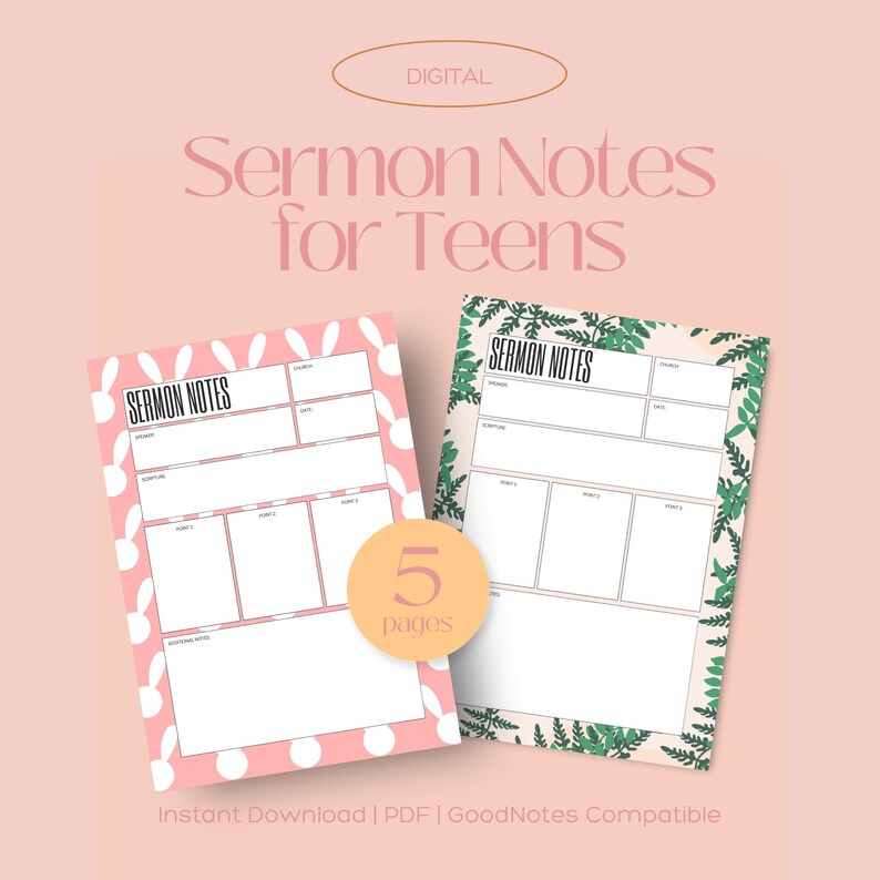 Sermon Notes for Teens, Church Notes Printable PDF Template, Bible ...
