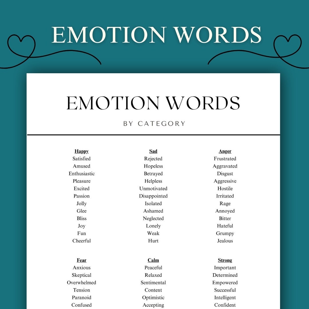 Emotion Words Printable, Therapy Worksheets | Therapy Tools for Mental ...