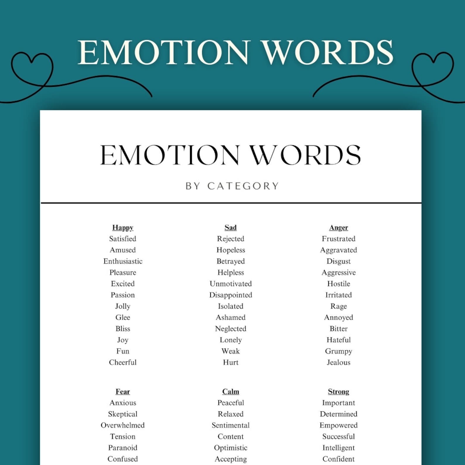 Emotion Words Printable, Therapy Worksheets | Therapy Tools for Mental ...