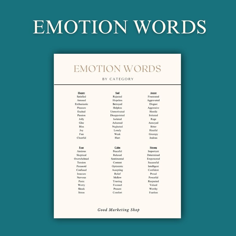 Emotion Words List: Therapy Worksheets for Mental Health (PDF & JPG) - Etsy