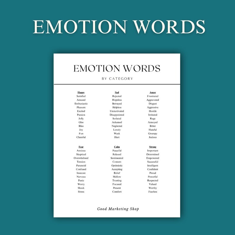 Emotion Words Printable, Therapy Worksheets | Therapy Tools for Mental ...