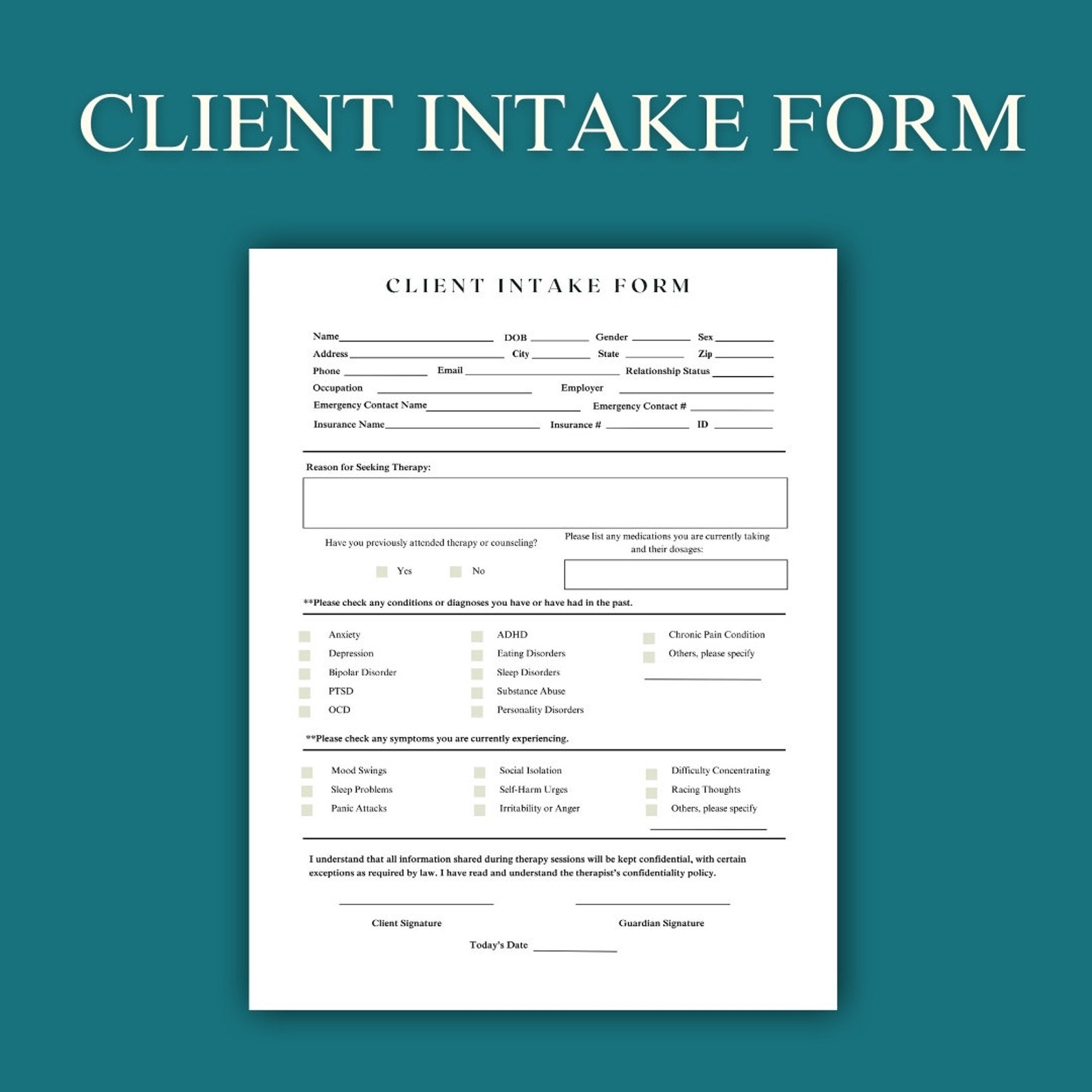 Client Intake Form Printable & Fillable PDF | Therapy Worksheets ...