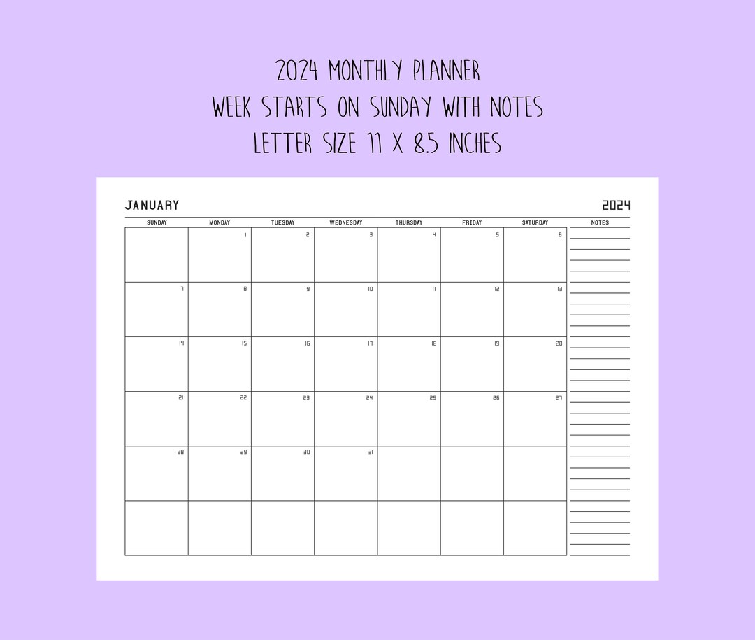 2024 Monthly Planner week Starts on Sunday With Notes, Letter Size 11 X ...