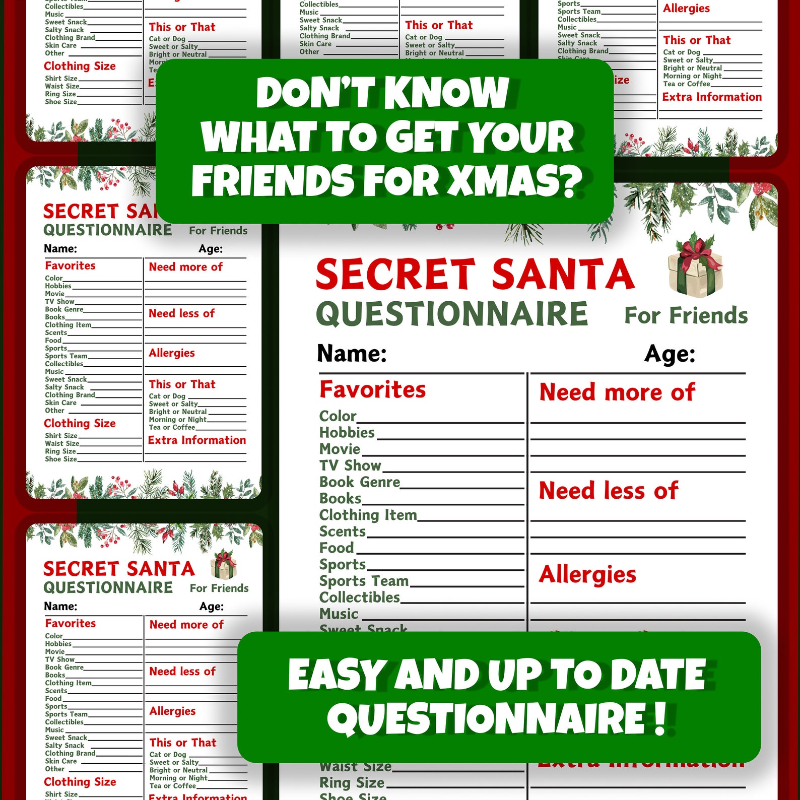 Secret Santa Questionnaire for Adults Printable Secret Santa - Etsy