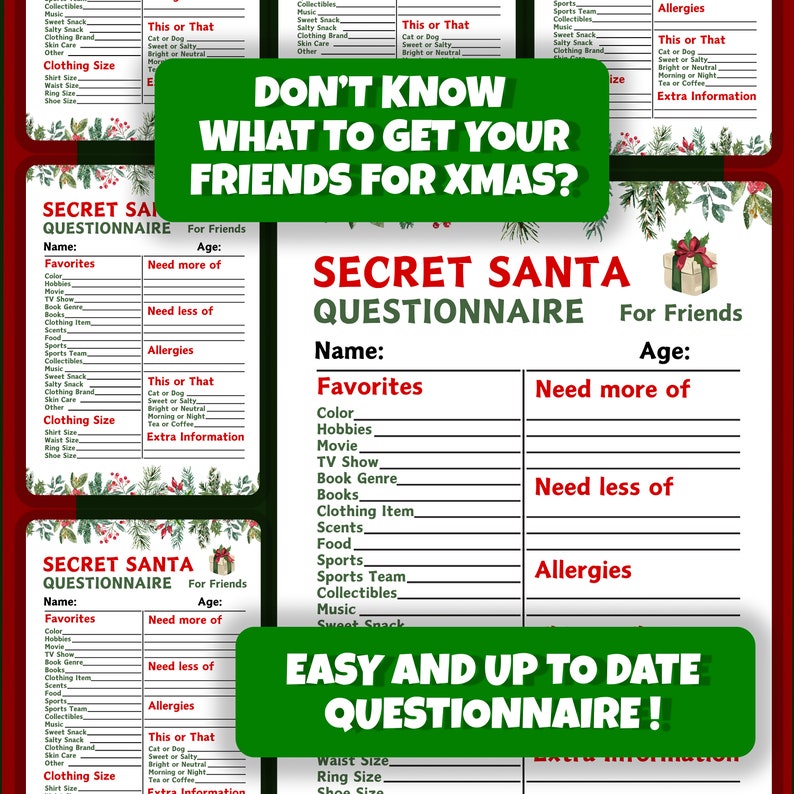 Secret Santa Questionnaire for Adults Printable Secret Santa - Etsy