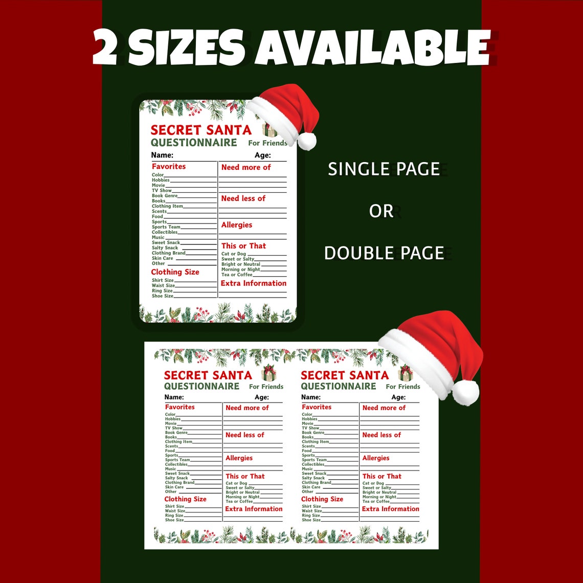 Secret Santa Questionnaire for Adults, Printable Secret Santa, Gift ...