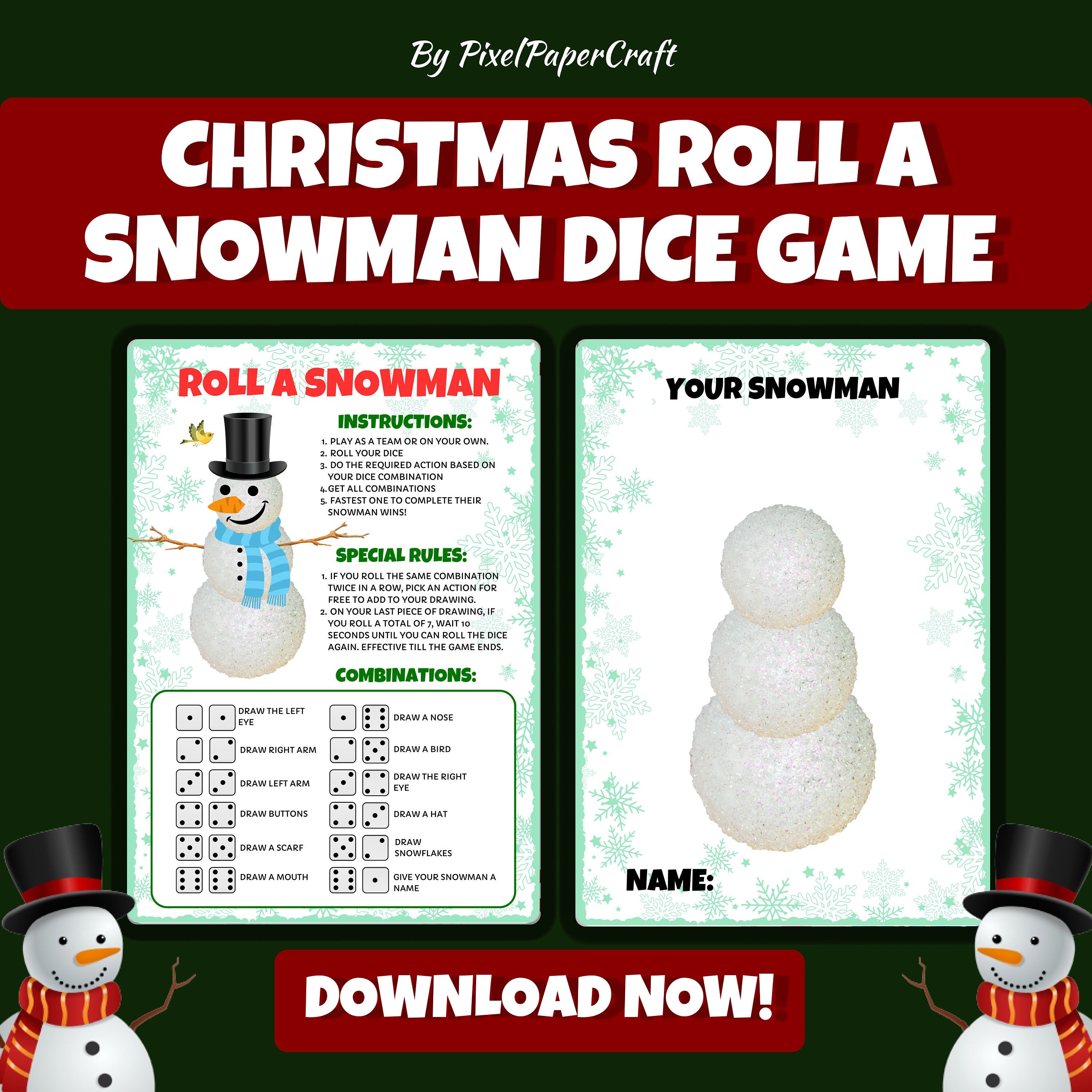Roll A Snowman Game Printable Christmas Dice Game Winter Activity for ...