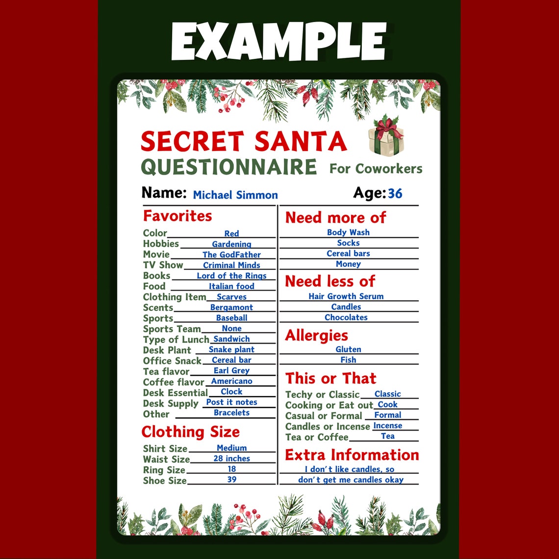 Secret Santa Questionnaire for Adults Printable Secret Santa - Etsy