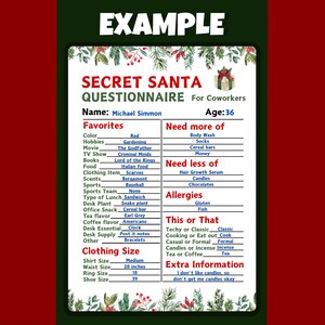 Secret Santa Questionnaire for Adults, Printable Secret Santa, Gift ...