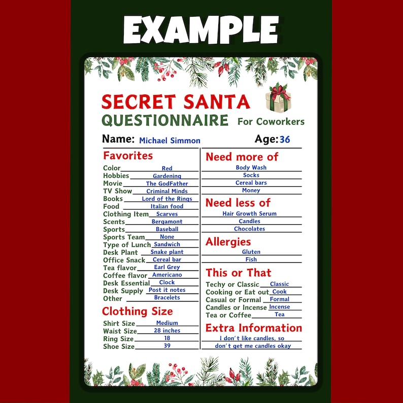 Secret Santa Questionnaire for Adults Printable Secret Santa - Etsy