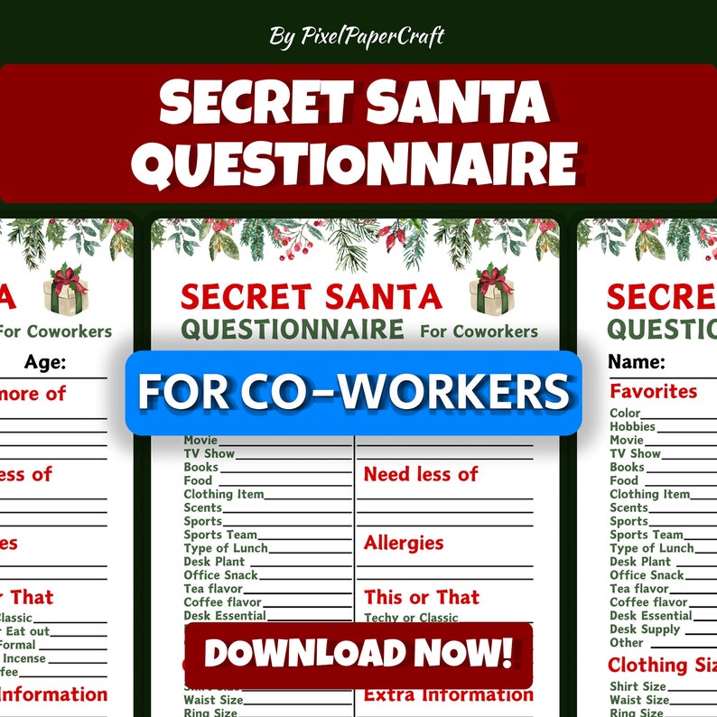 Secret Santa Questionnaire for Adults Printable Secret Santa - Etsy