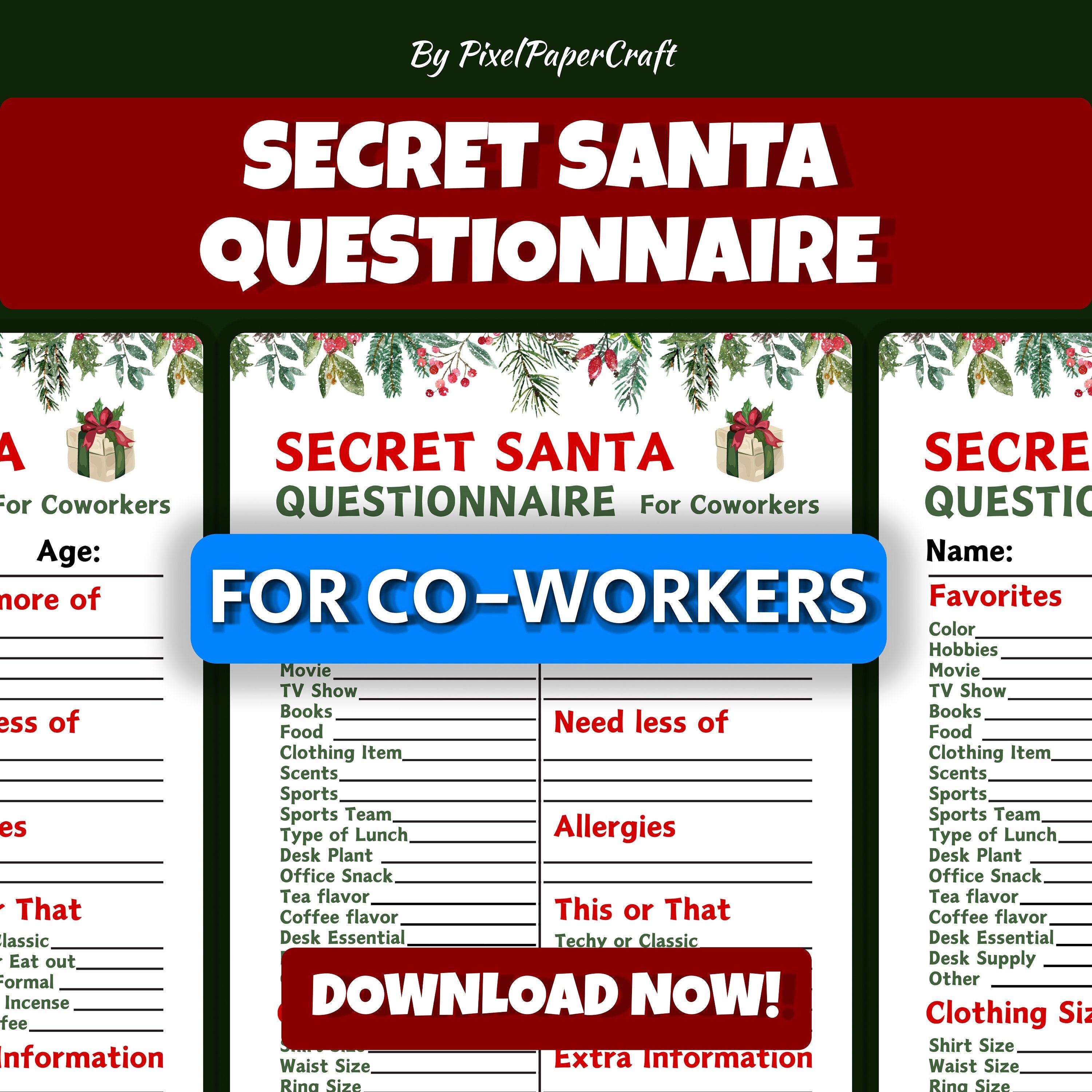 Secret Santa Questionnaire for Adults, Printable Secret Santa, Gift ...