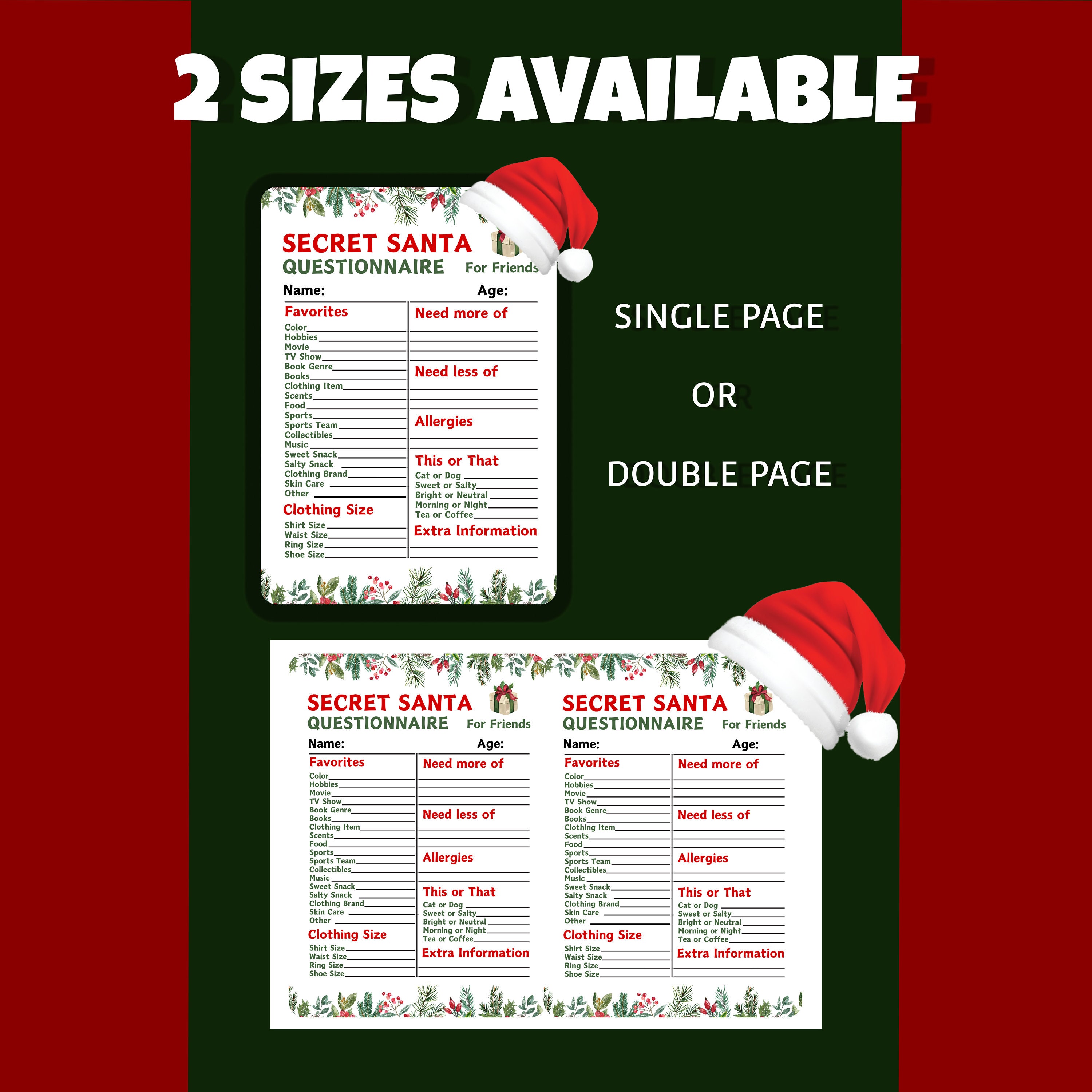 Secret Santa Questionnaire for Adults Printable Secret Santa - Etsy