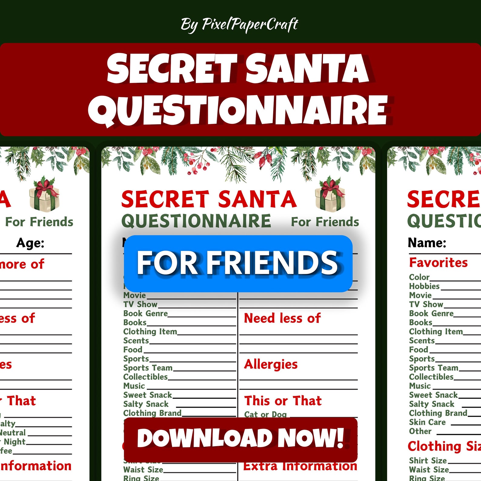 Secret Santa Questionnaire for Adults Printable Secret Santa - Etsy