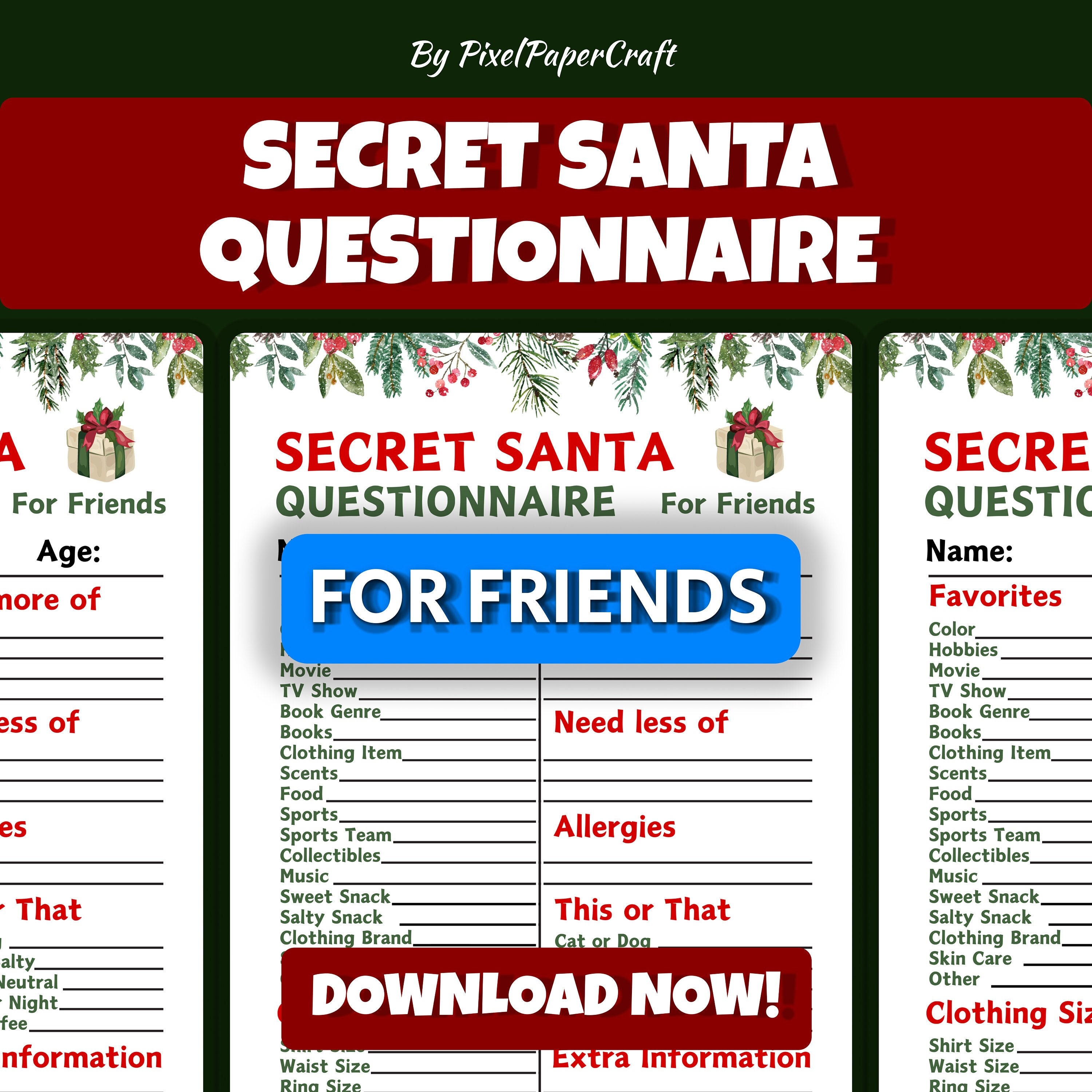Secret Santa Questionnaire for Adults Printable Secret Santa - Etsy
