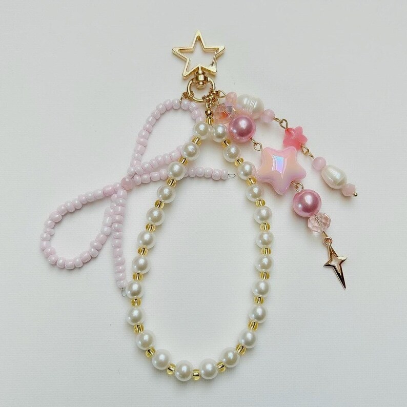 Pink, Gold, Pearl Star and Bow Themed Keychain Bag Charm - Etsy