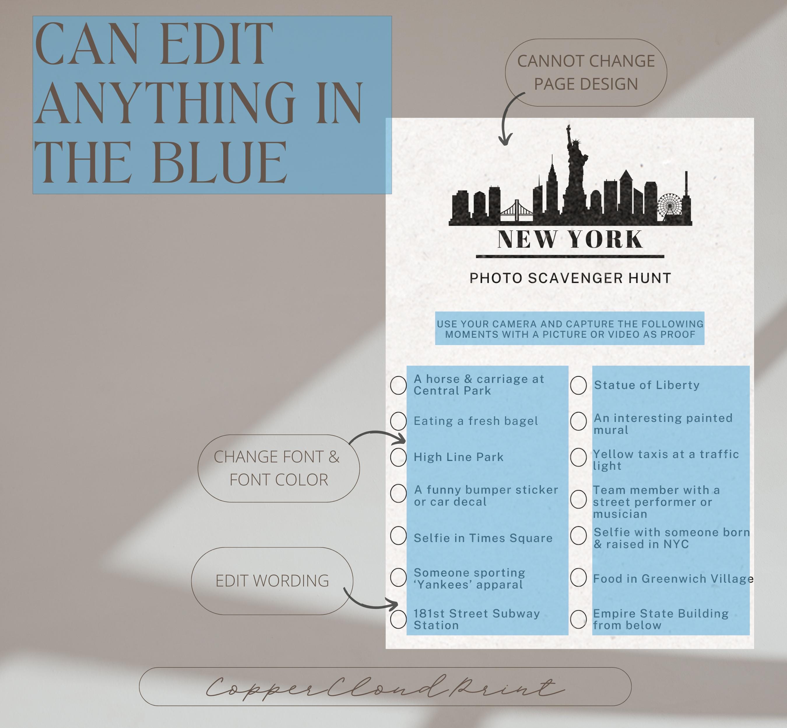 Printable City Scavenger Hunt, New York Scavenger Hunt Game Minimalist ...
