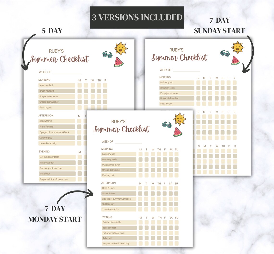 Printable Editable SUMMER Daily Checklist for Kids, Chore Chart for ...