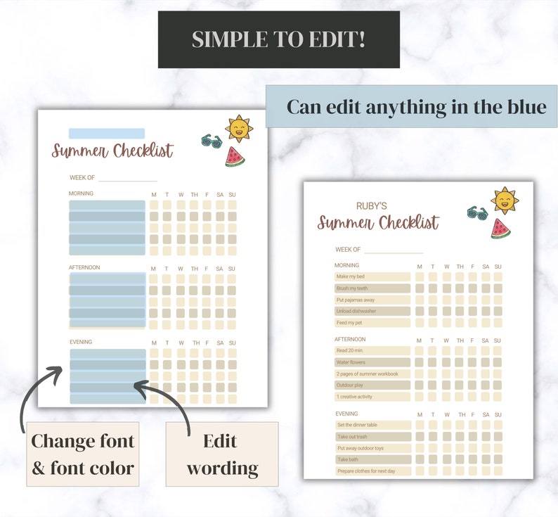 Printable Editable SUMMER Daily Checklist for Kids, Chore Chart for ...