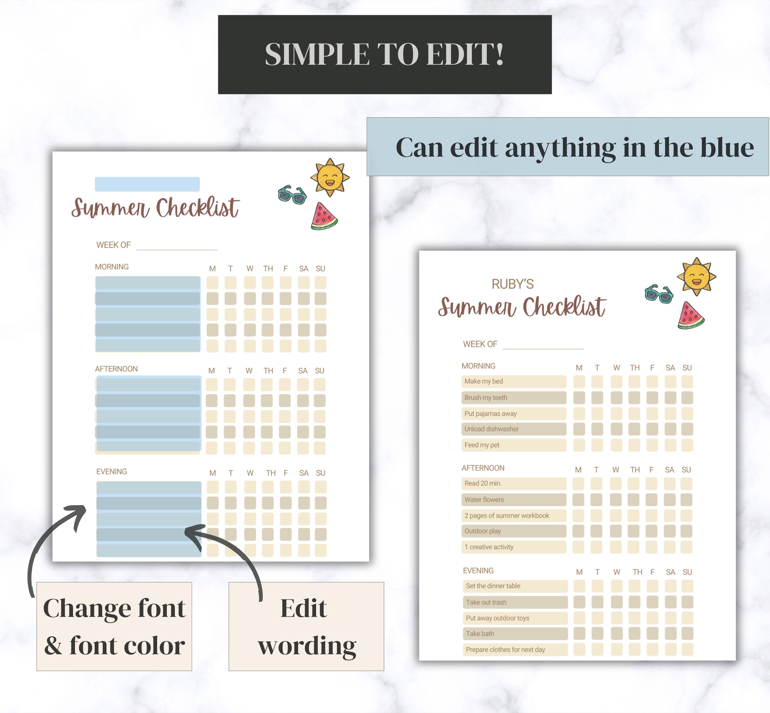 Printable Editable SUMMER Daily Checklist for Kids, Chore Chart for ...
