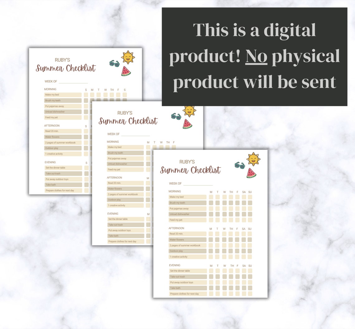Printable Editable SUMMER Daily Checklist for Kids, Chore Chart for ...