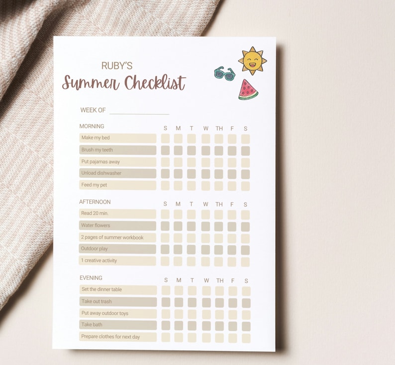 Printable Editable SUMMER Daily Checklist for Kids, Chore Chart for ...