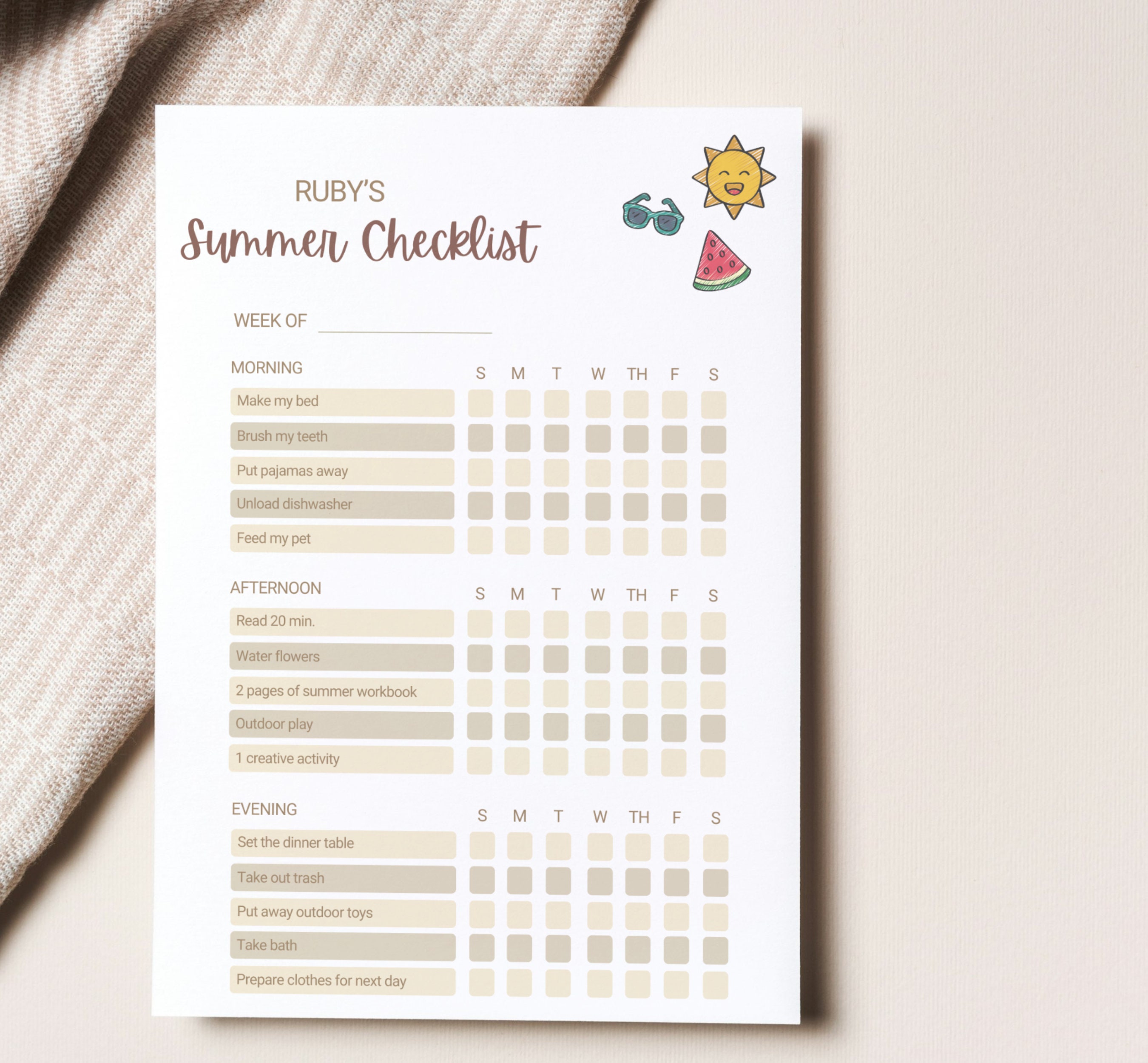 Printable Editable SUMMER Daily Checklist for Kids, Chore Chart for ...