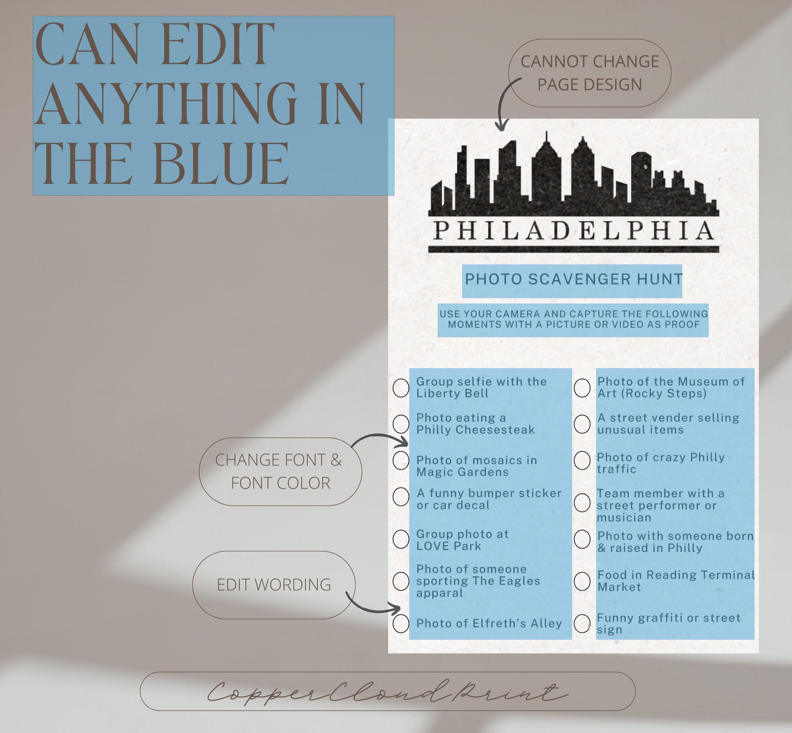 Printable City Scavenger Hunt, Philadelphia Scavenger Hunt Game ...